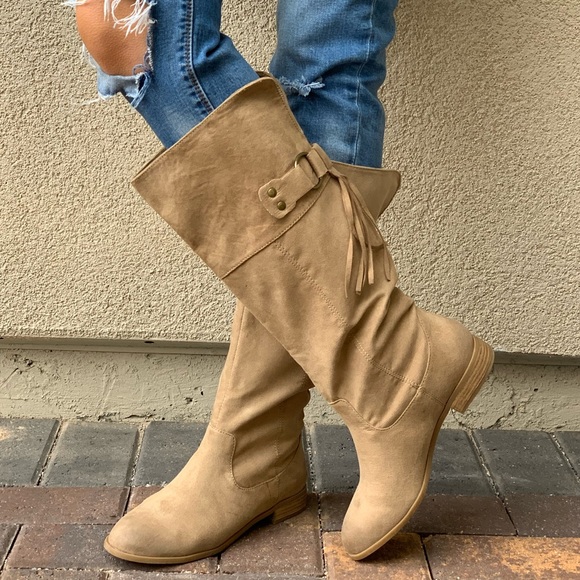 BC Footwear | Shoes | Distressed Knee High Tassel Back Flat Boots ...